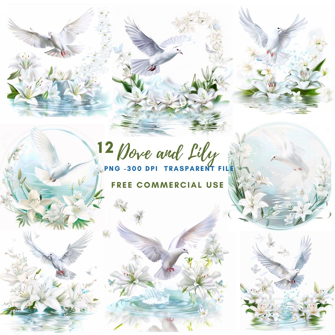 Dove and Lily Clipart Bundle 12 High Quality Png,watercolor Holy Spirit ...