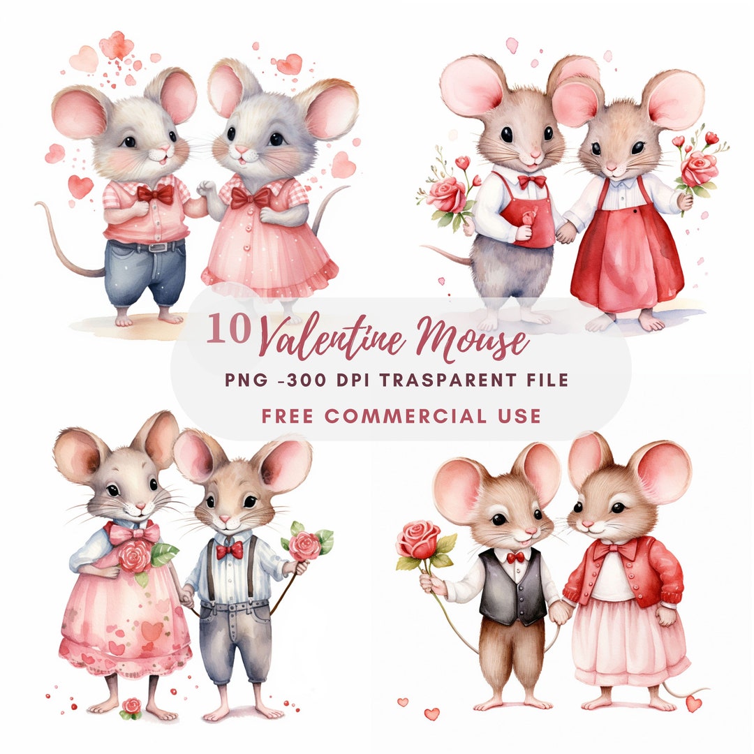 Valentine Mouse Clipart PNG Bundle 10 High Quality Jpg,watercolor ...