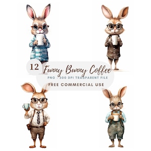 Bunny With Coffee Clipart PNG Bundle 12 High Quality JPG, Watercolor ...