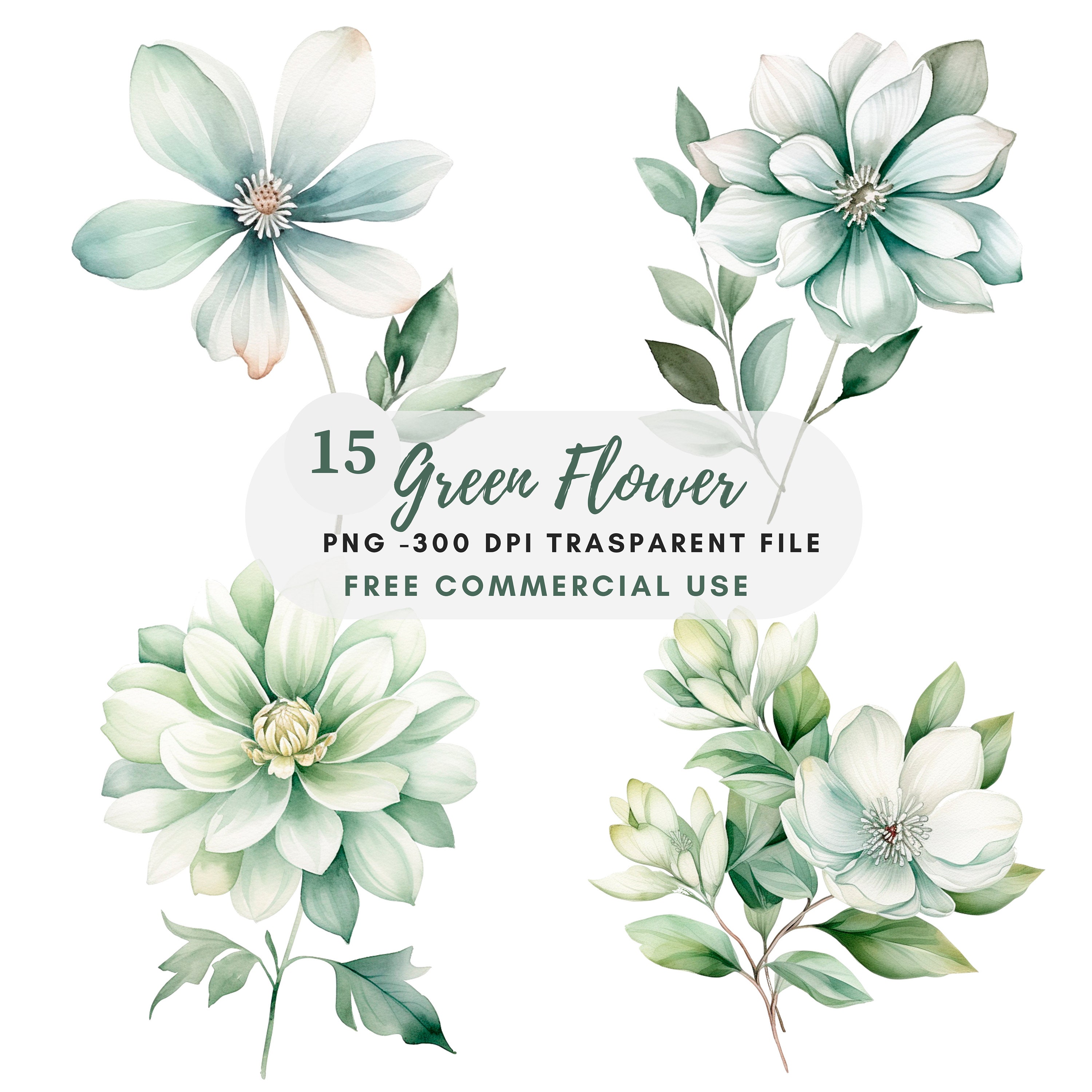 Green Flower Clipart Bundle 15 High Quality Png,watercolor Floral ...