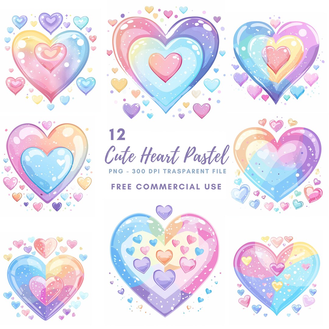 Cute Heart Clipart Bundle 12 High Quality PNG, Watercolor Heart Pastel ...