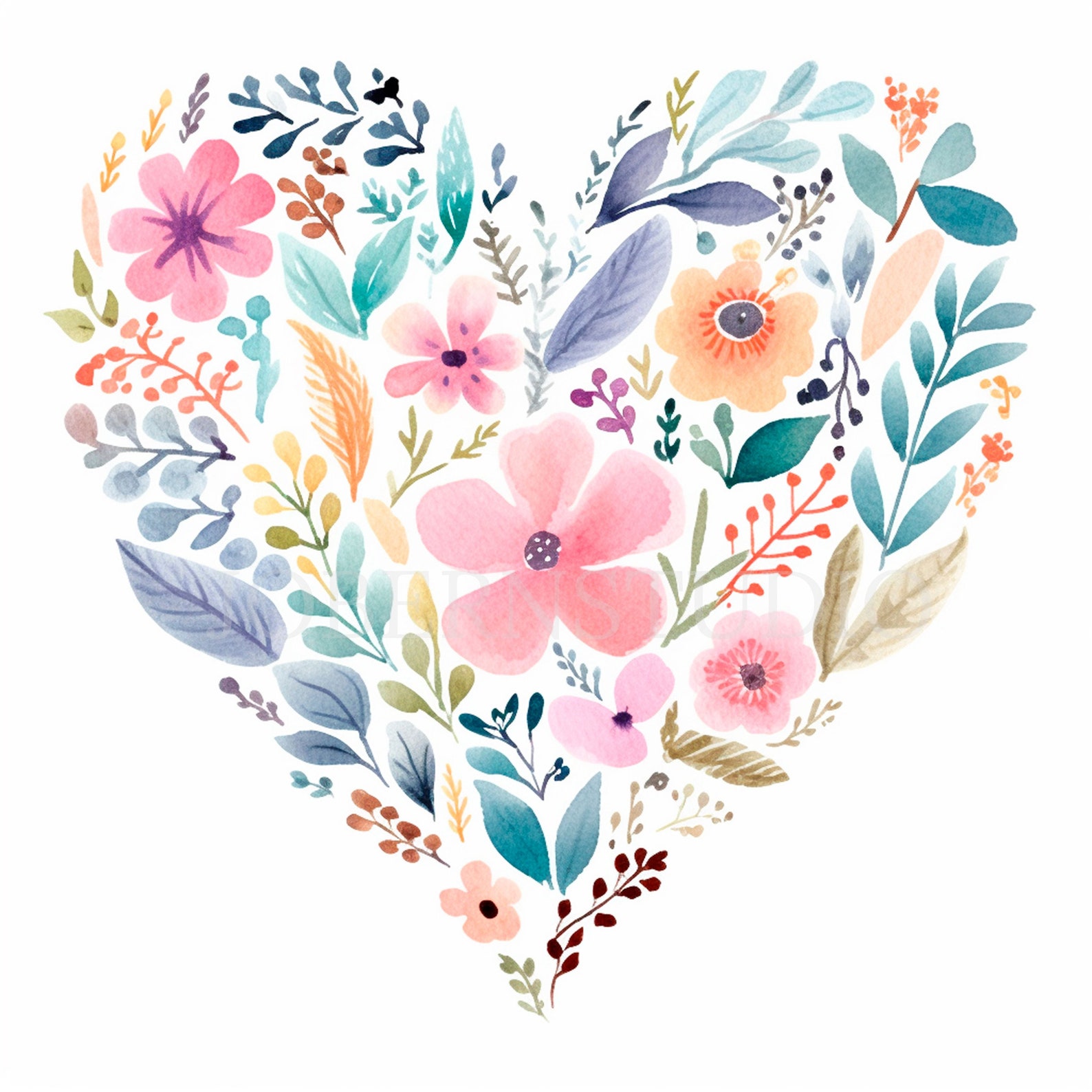 Flower Heart Clipart Bundle 12 High Quality PNG, Watercolor Garland ...