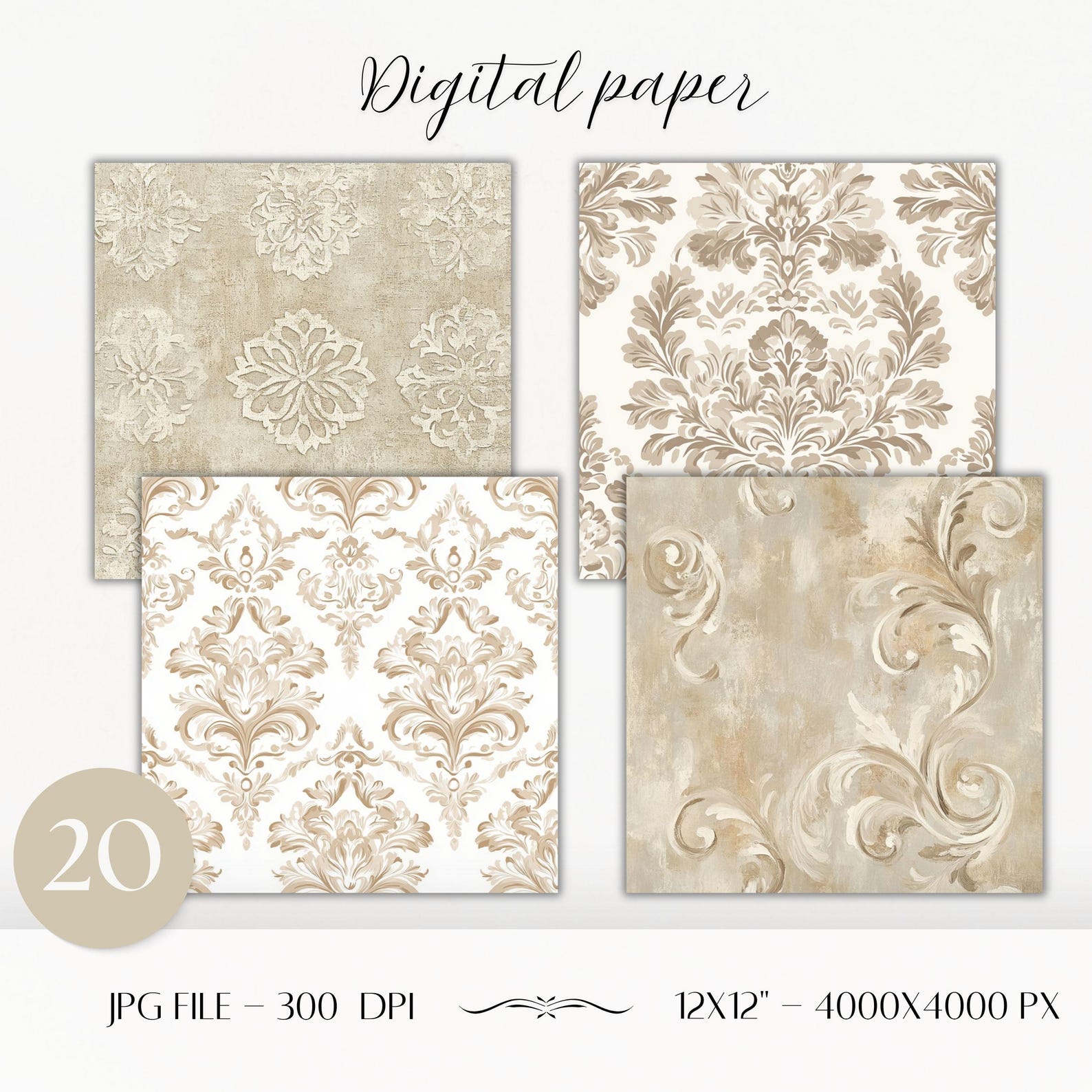 Italian Beige Pattern Digital Paper Pack -20 Scrapbook Junk Journal ...