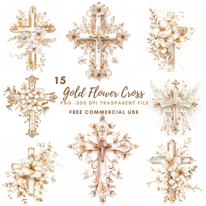 Flower Cross Gold Clipart Bundle 15 High Quality Png,wedding Cross ...