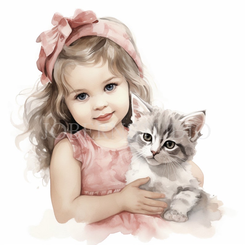 Watercolor Retro Baby With Cat Clipart Png,bundle 15 High Quality ...