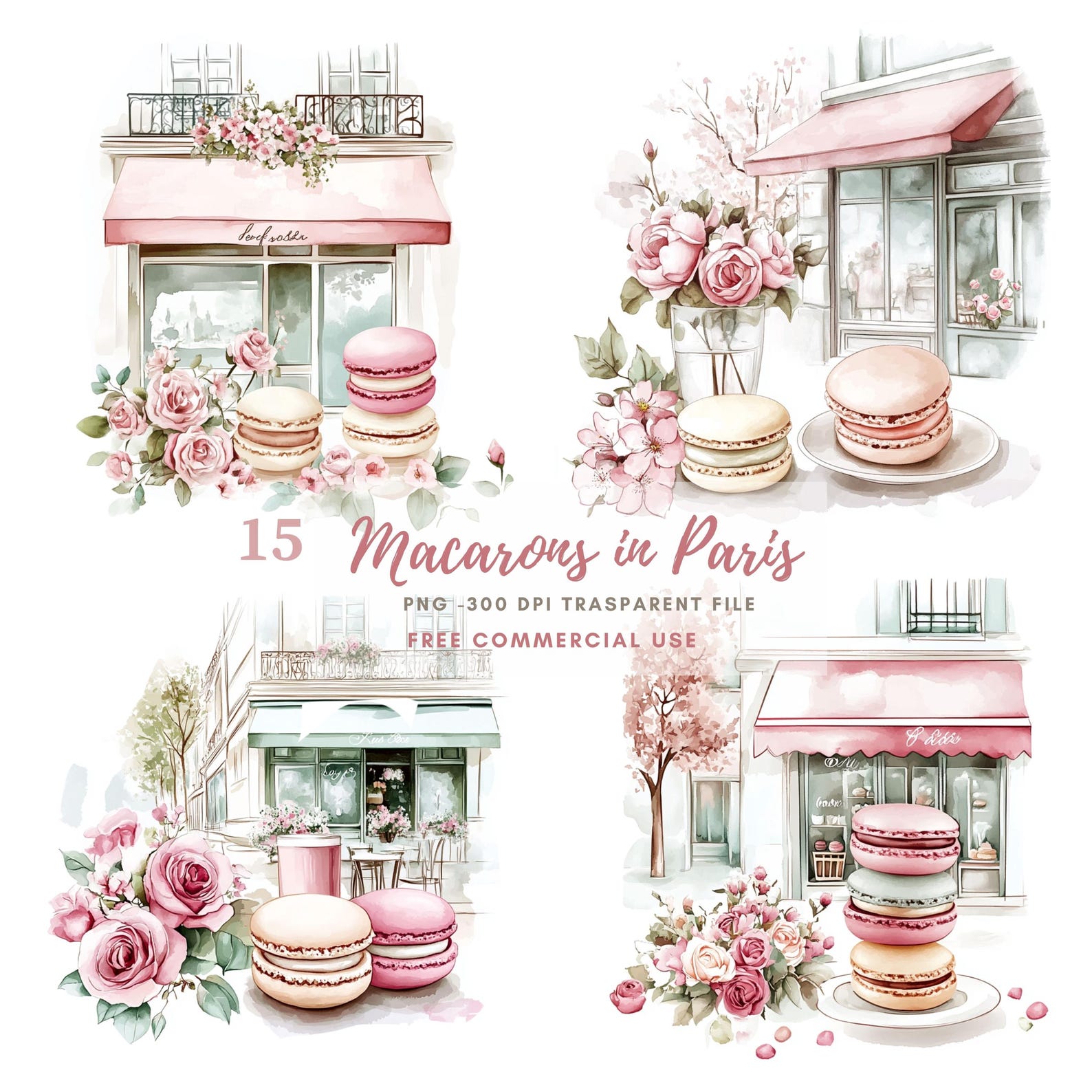 Macarons Flower Paris Clipart | Bundle 15 High Quality PNG| Watercolor ...