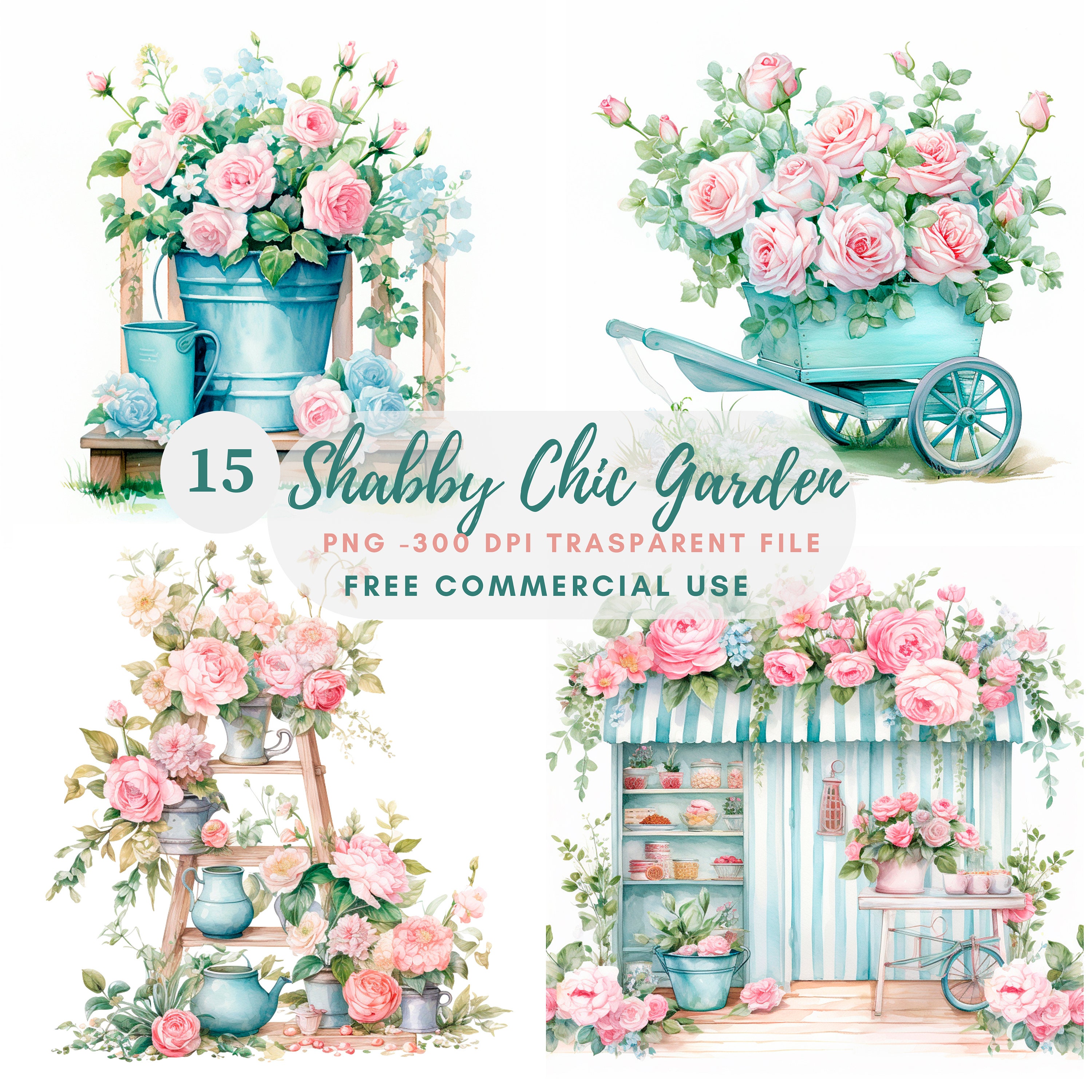 Shabby Chic Garden Clipart Bundle 15 High Quality Png,pink Flower ...