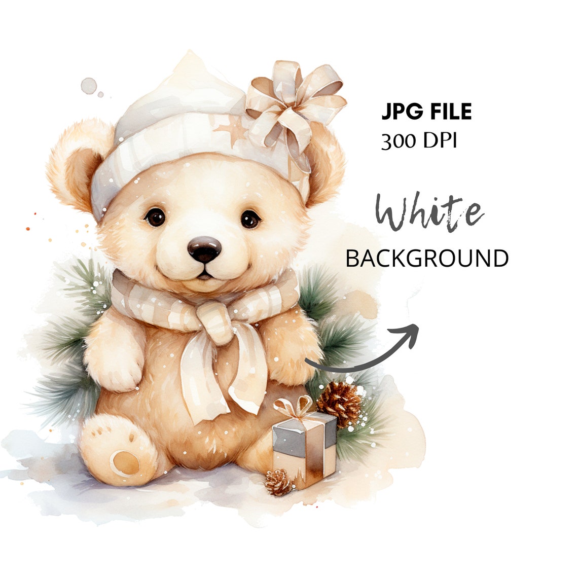 Christmas Teddy Bear, Watercolor Clipart PNG,15 High Quality Jpgs ...