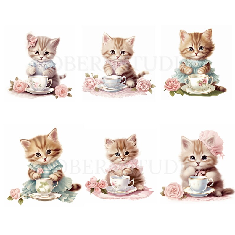 Funny Cat Clipart PNG Bundle 15 High Quality JPG, Watercolor Vintage ...