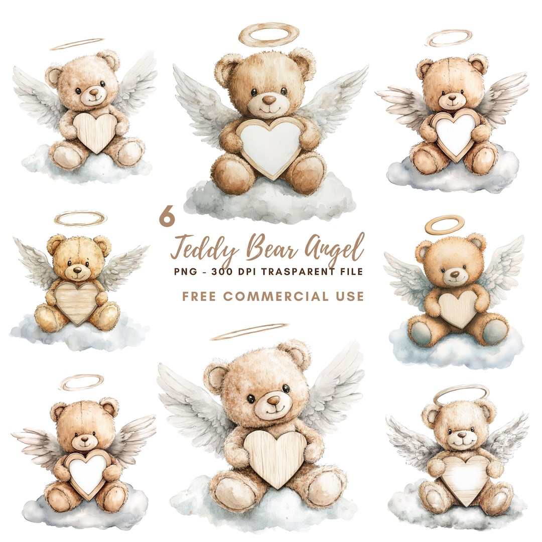 Teddy Bear Angel Clipart PNG Bundle 6 High Quality,watercolor Guardian ...
