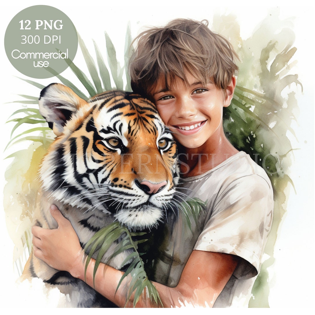 Tiger and Boy Clipart Bundle 12 High Quality Jpg,watercolor Safari ...