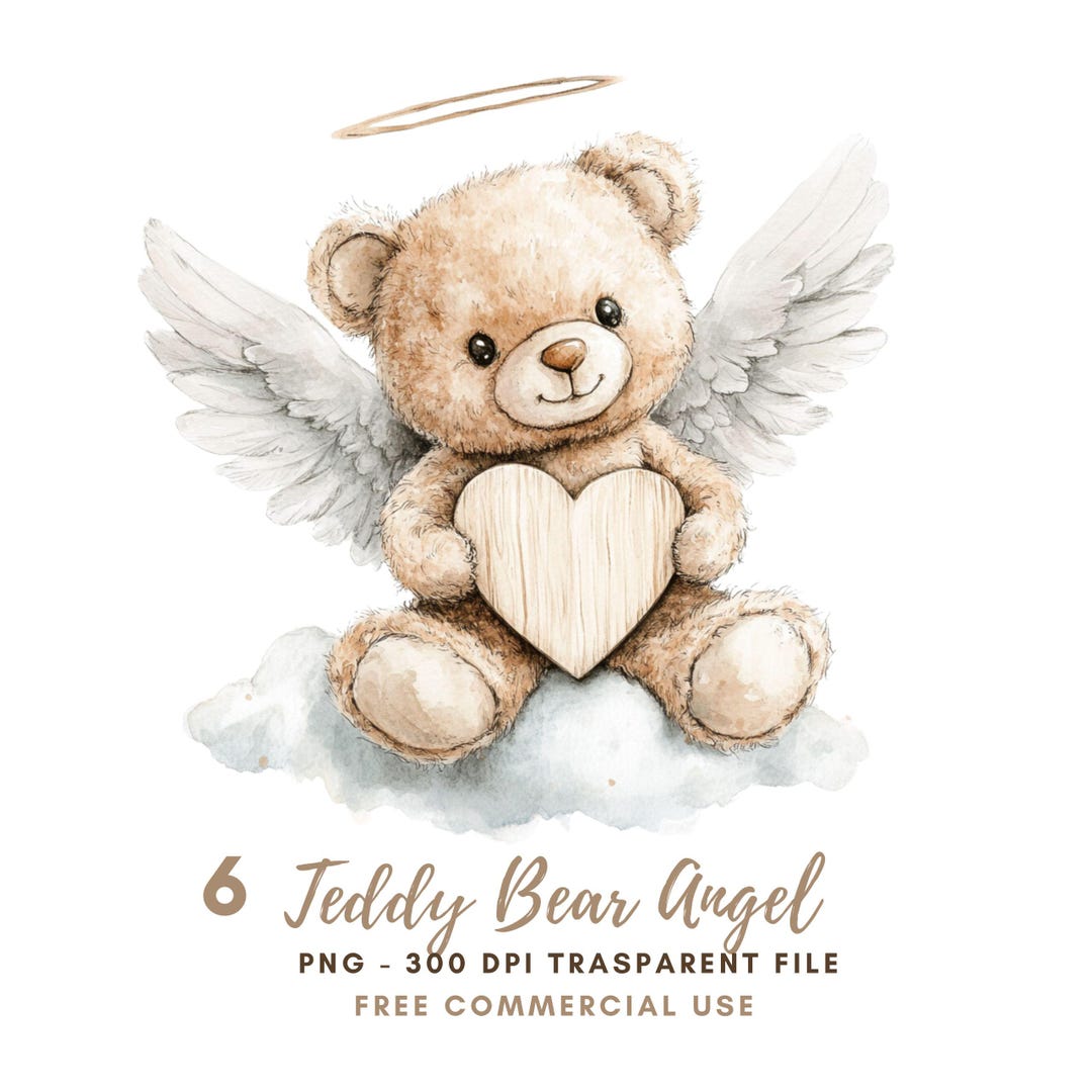 Teddy Bear Angel Clipart PNG Bundle 6 High Quality,watercolor Guardian ...