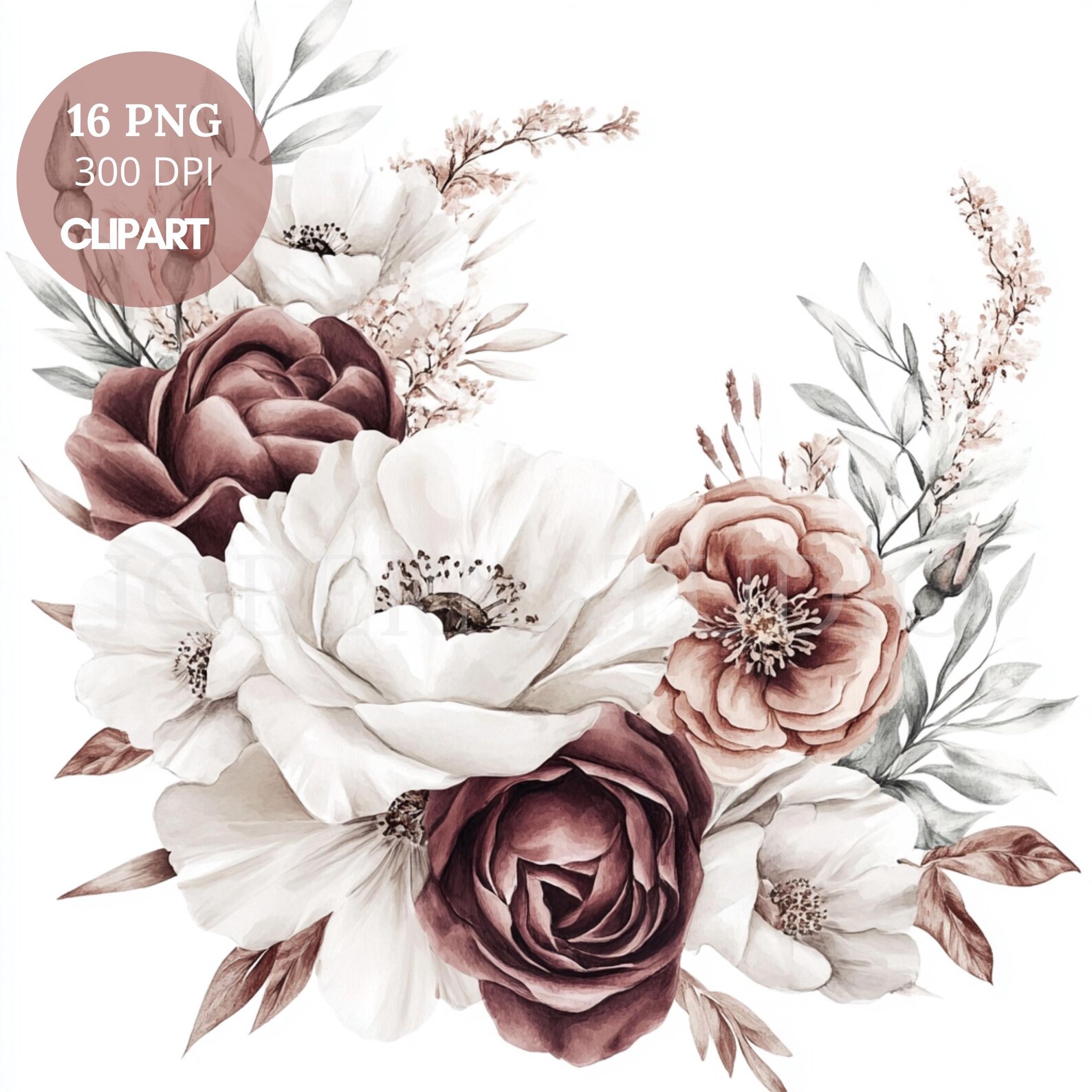Bordeaux Bouquet Clipart Bundle 16 High Quality PNG| Watercolor Rose ...