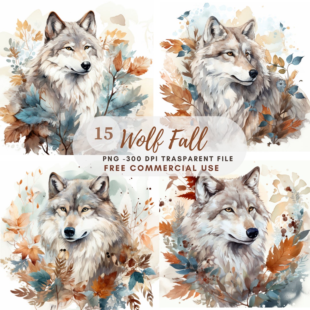 Watercolor Wolf Fall Clipart | Bundle 15 High Quality PNG | Watercolor ...