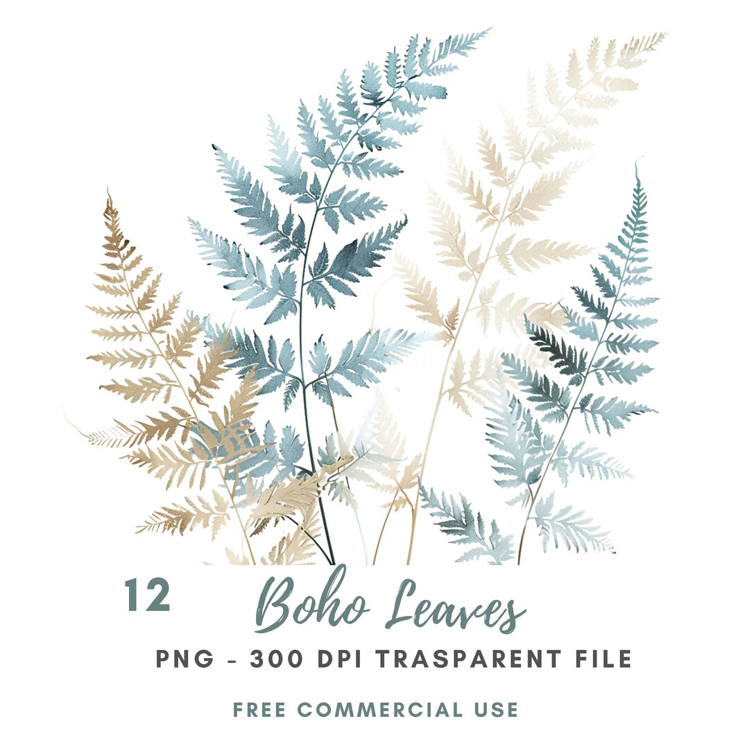 Boho Leaves Clipart Bundle 12 High Quality PNG, Watercolor Green Leaves ...