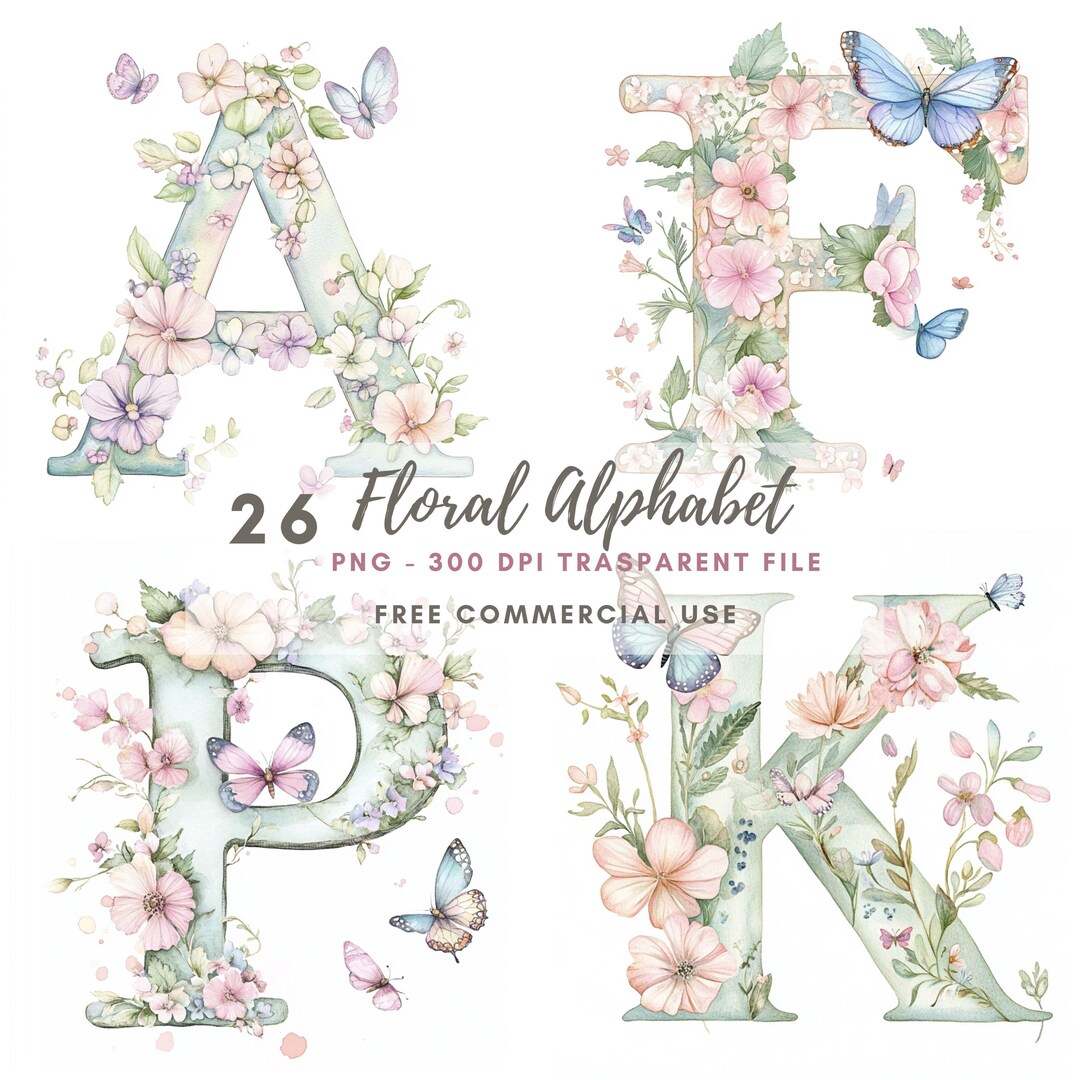 Floral Alphabet Letter Clipart Bundle 26 High Quality PNG, Watercolor ...