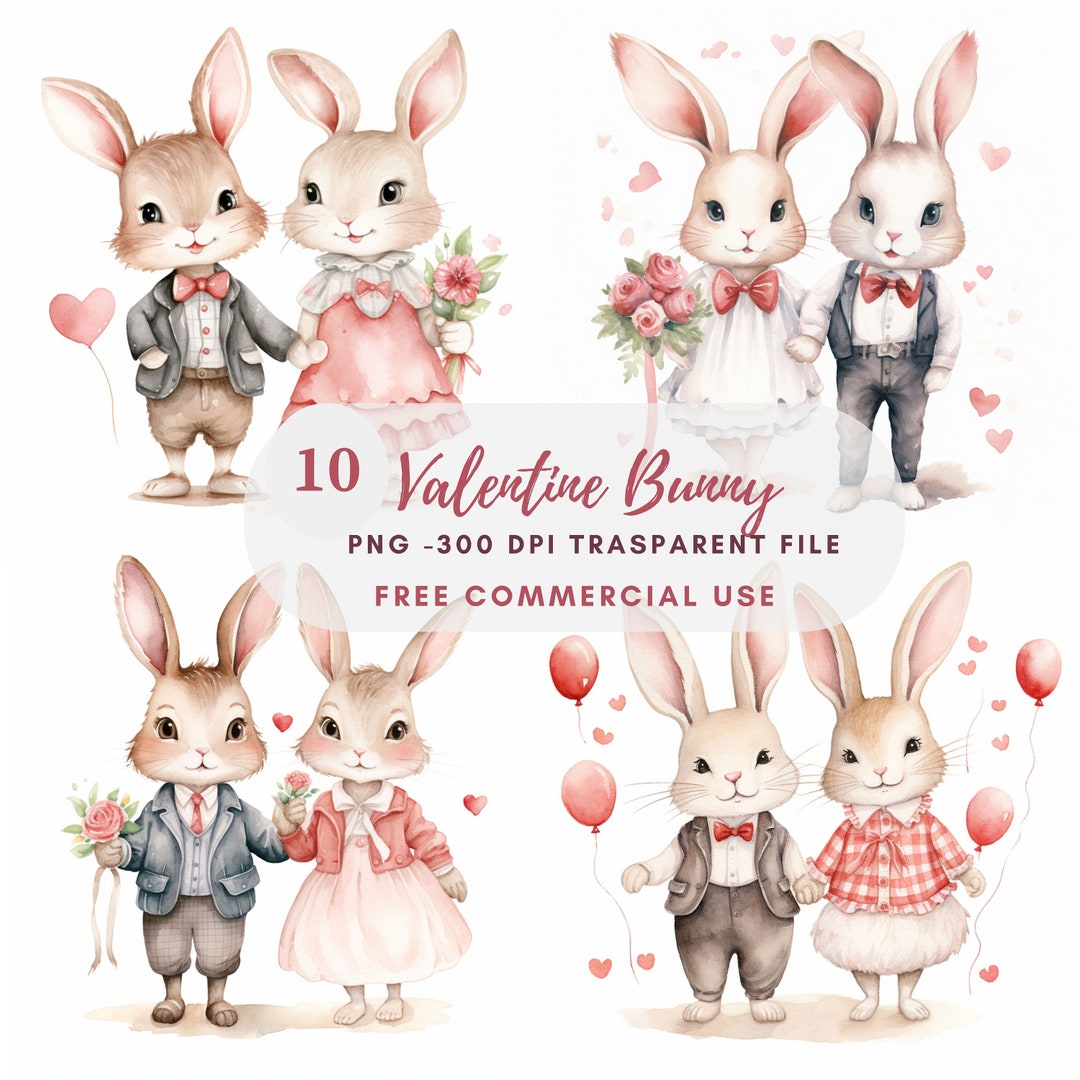 Valentine Bunny Clipart PNG Bundle 10 High Quality Jpg,watercolor ...