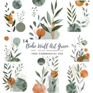 Boho Wall Art Clipart Bundle 14 High Quality PNG, Watercolor Green ...