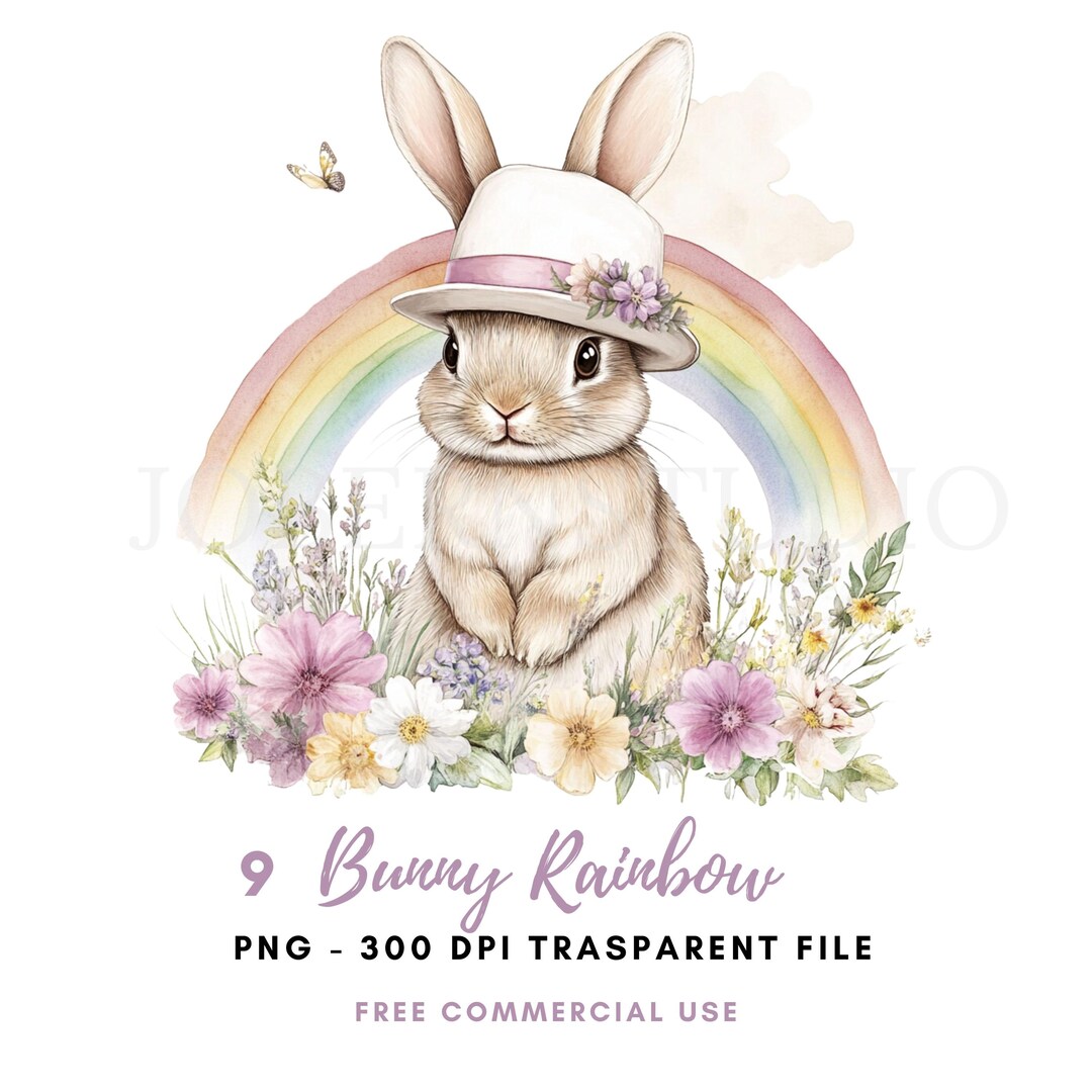 Easter Bunny Rainbow Clipart PNG Bundle 9 High Quality JPG, Watercolor ...
