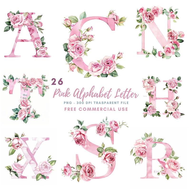 Pink Alphabet Letter Clipart Bundle 26 High Quality PNG, Watercolor ...