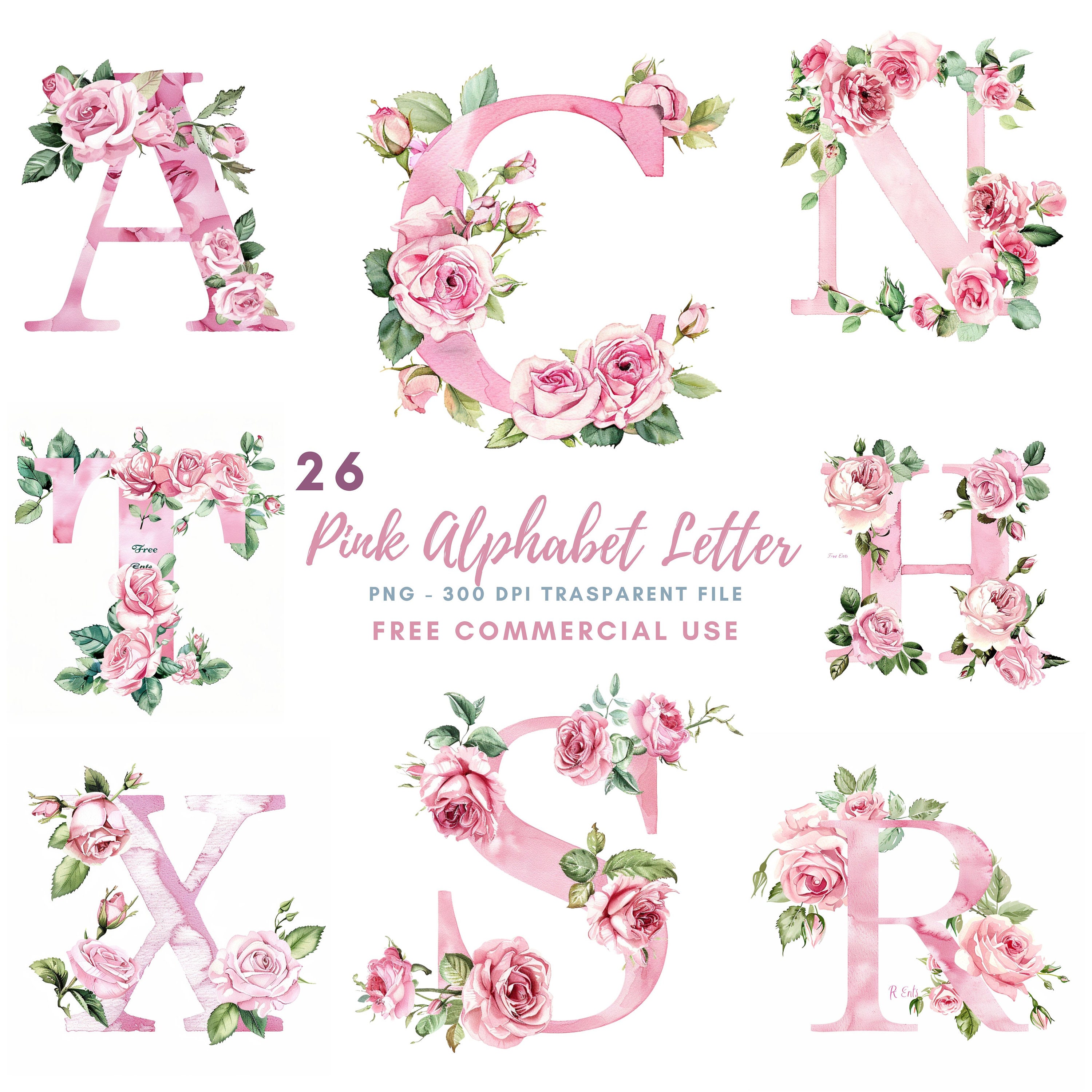 Pink Alphabet Letter Clipart Bundle 26 High Quality PNG, Watercolor ...