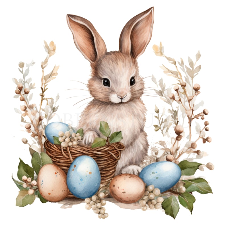 Easter Bunny Rustic Clipart PNG Bundle 15 High Quality JPG, Watercolor ...