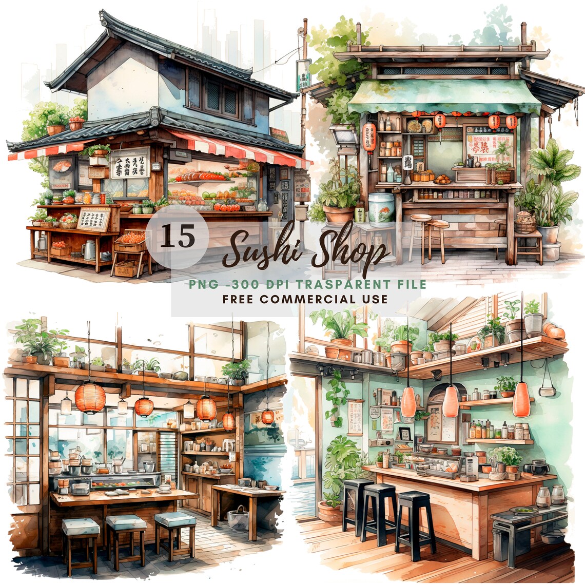 Sushi Shop Clipart Bundle 15 High Quality Png,watercolor Japanese Food ...