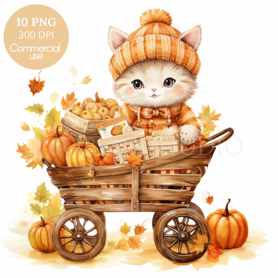 Funny Autumn Cat Clipart PNG Bundle 11 High Quality PNG, Watercolor ...