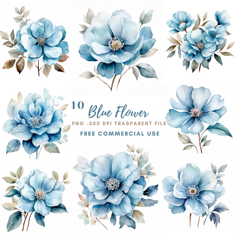 Blue Flower Clipart Bundle 10 High Quality PNG, Watercolor Floral ...