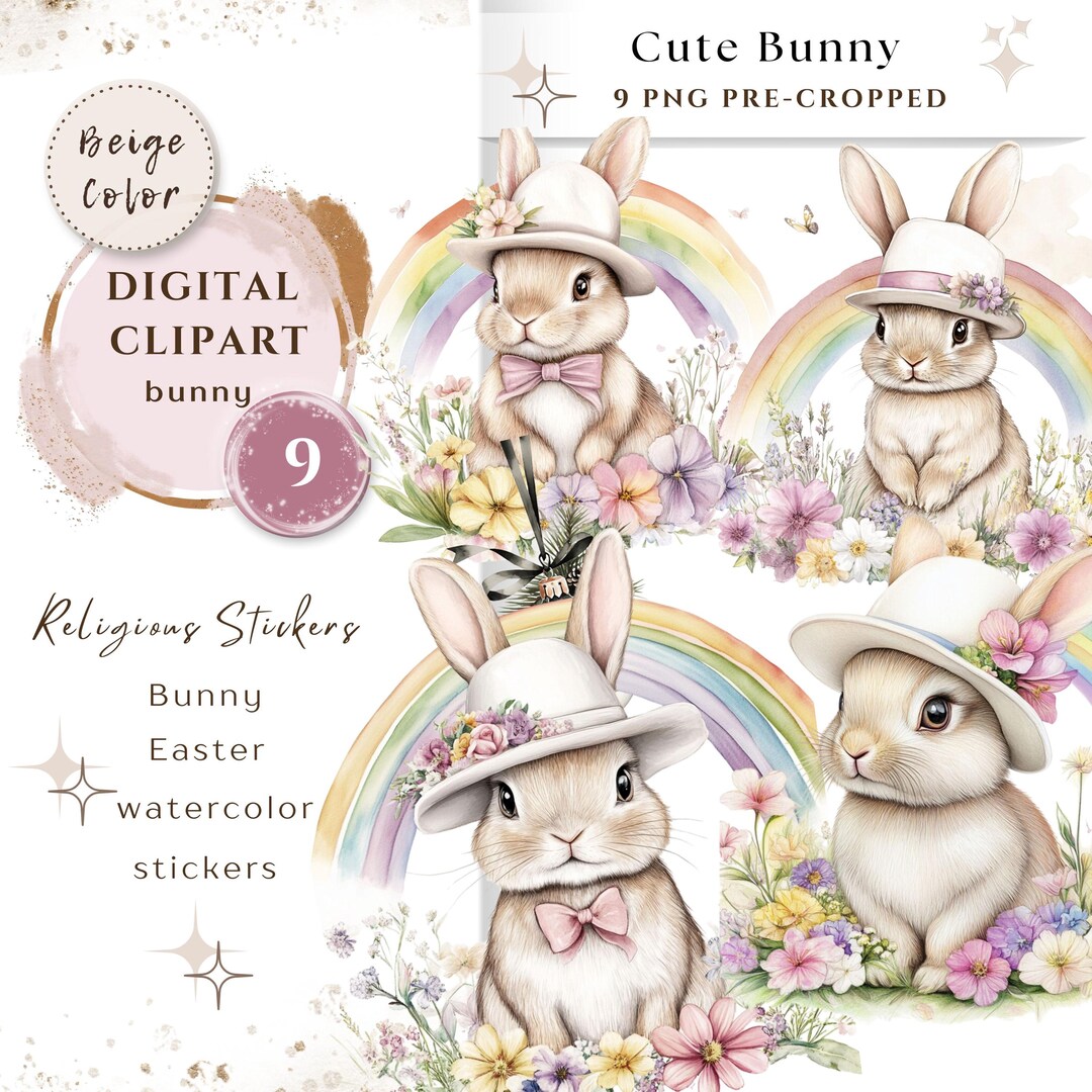 Easter Bunny Rainbow Clipart PNG Bundle 9 High Quality JPG, Watercolor ...