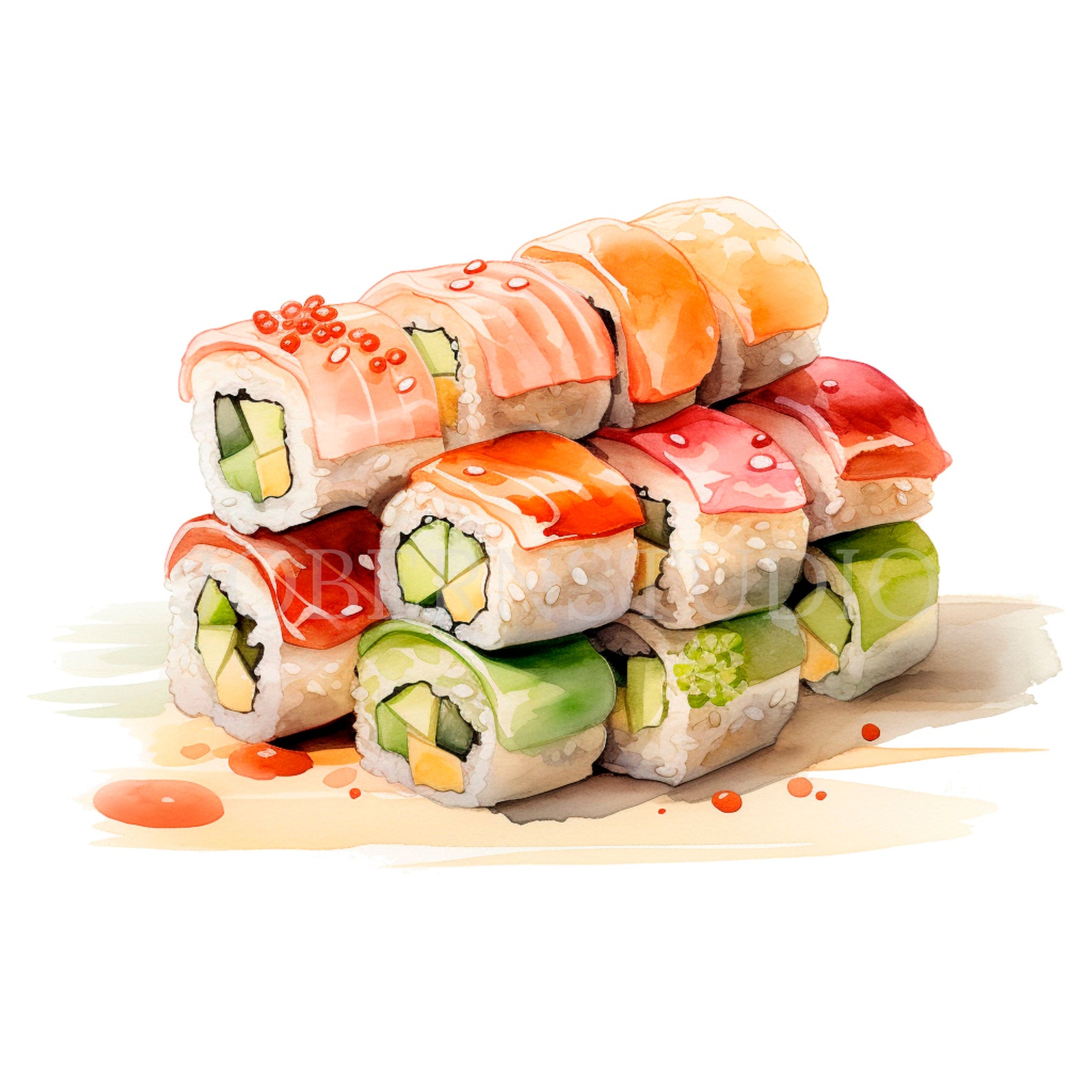 Tasty Sushi Clipart Bundle 15 High Quality Png,watercolor Japanese Food ...