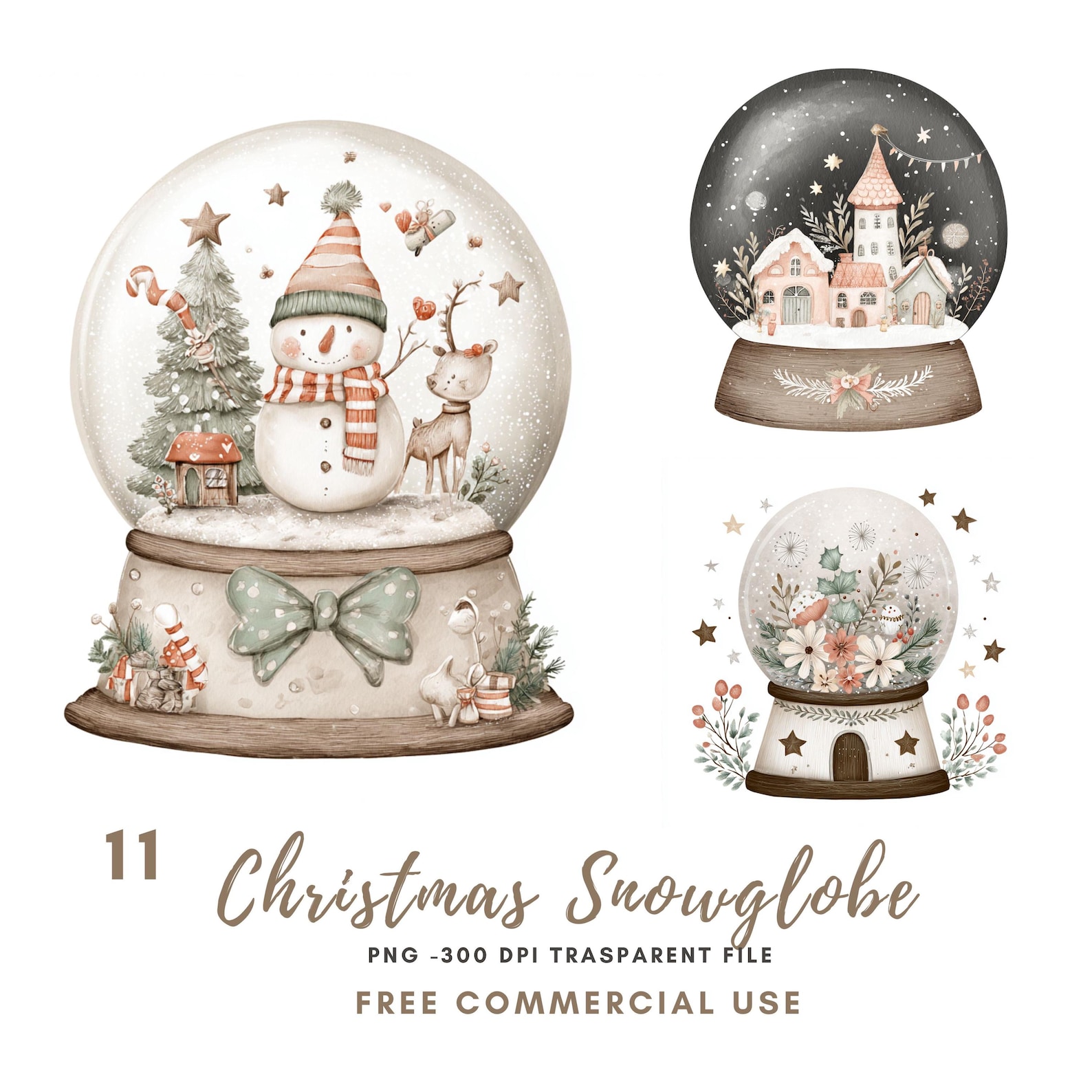 Christmas Snow Globe Clipart PNG Bundle 11 | Watercolor Christmas Beige ...