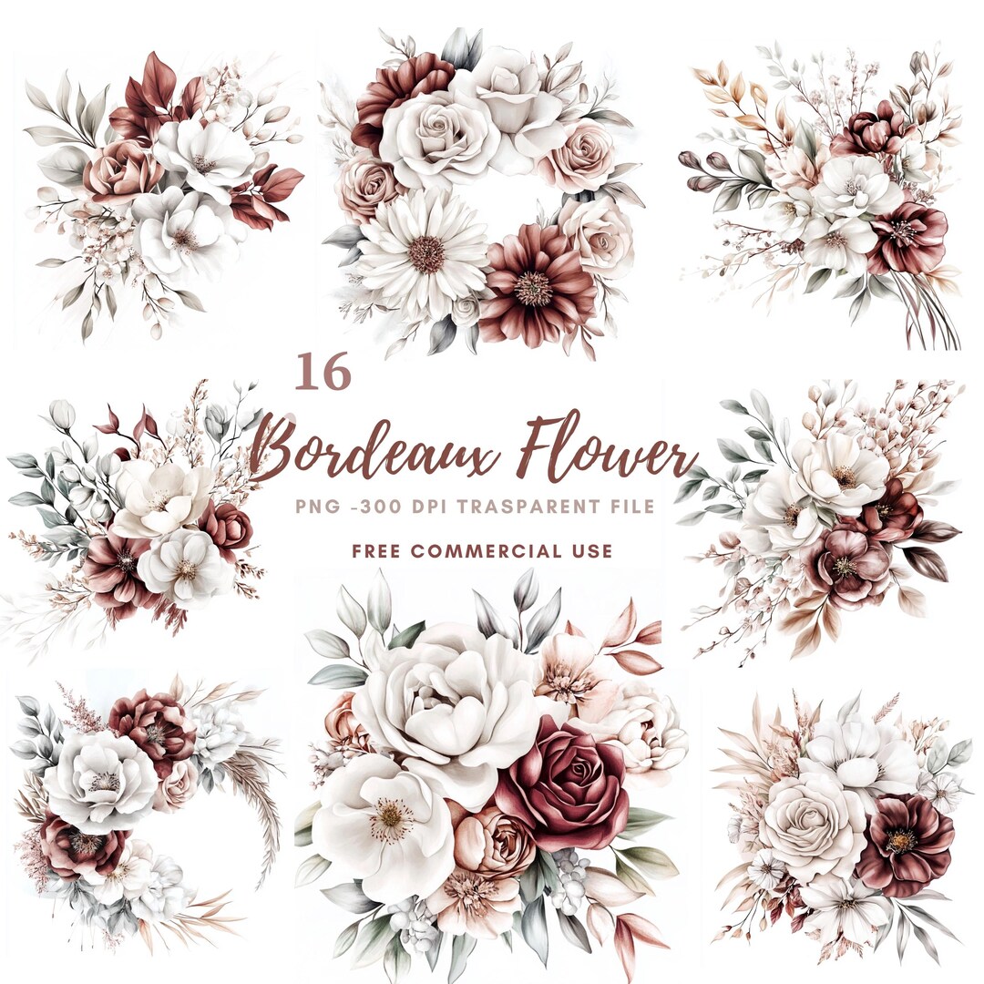 Bordeaux Bouquet Clipart Bundle 16 High Quality PNG| Watercolor Rose ...