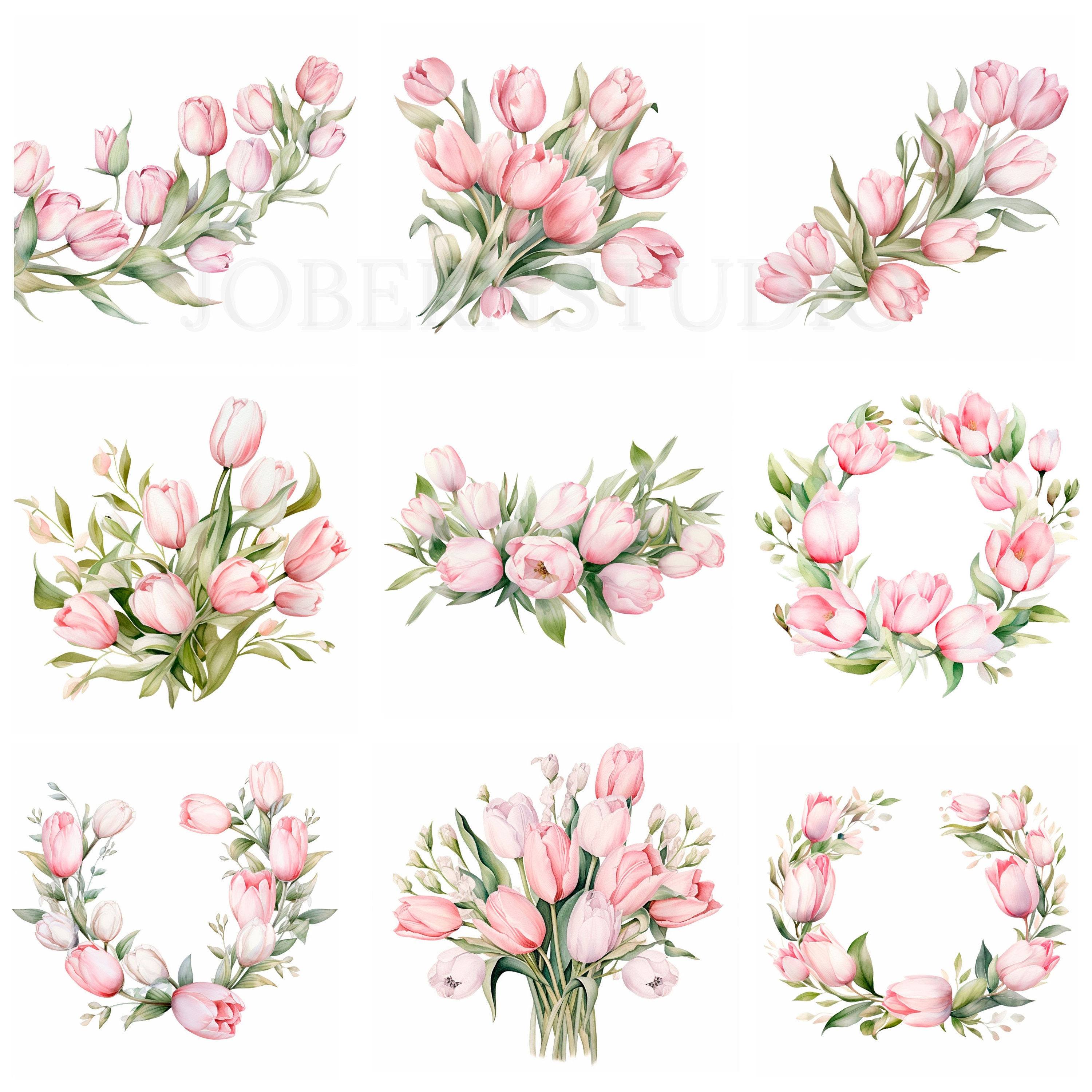Tulips Flower Garland Clipart Bundle 15 High Quality PNG, Watercolor ...