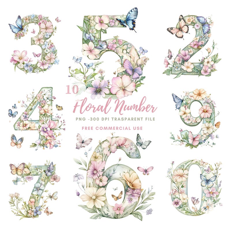 Floral Number 1-9 Clipart Bundle 10 High Quality PNG |watercolor Number ...