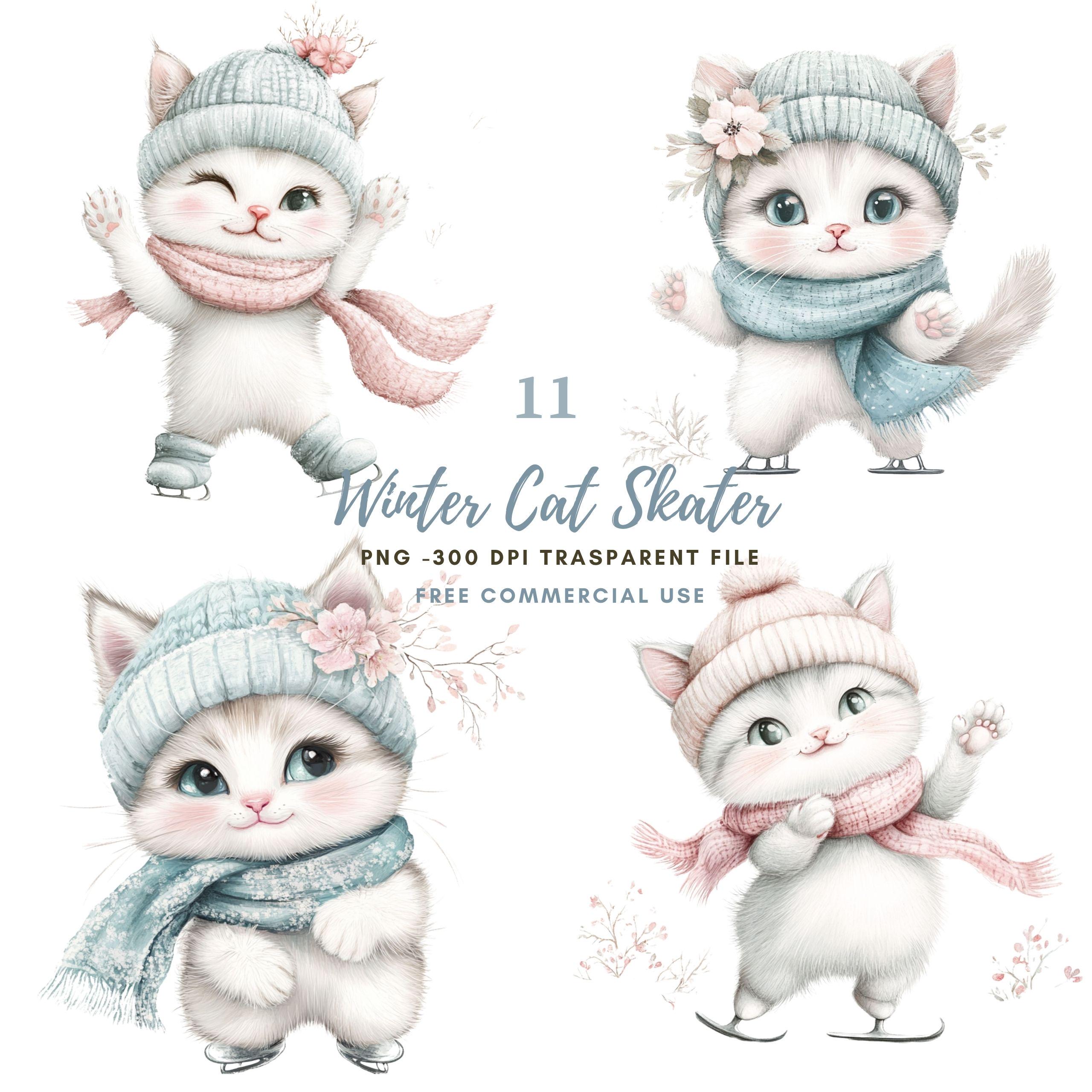 Winter Cat Clipart PNG Bundle 11 High Quality | Winter Skater Cute Cat ...