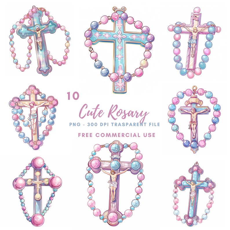 Pastel Color Rosary Clipart Bundle 10 High Quality Png,cross Watercolor ...