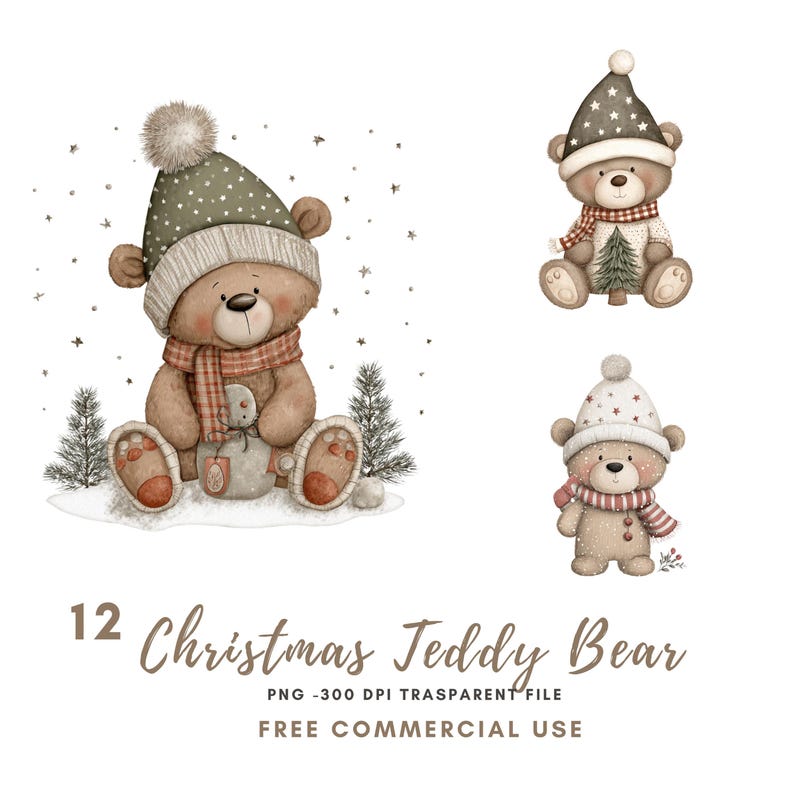 Christmas Teddy Bear Clipart, Watercolor 12 High Quality PNG, Winter ...