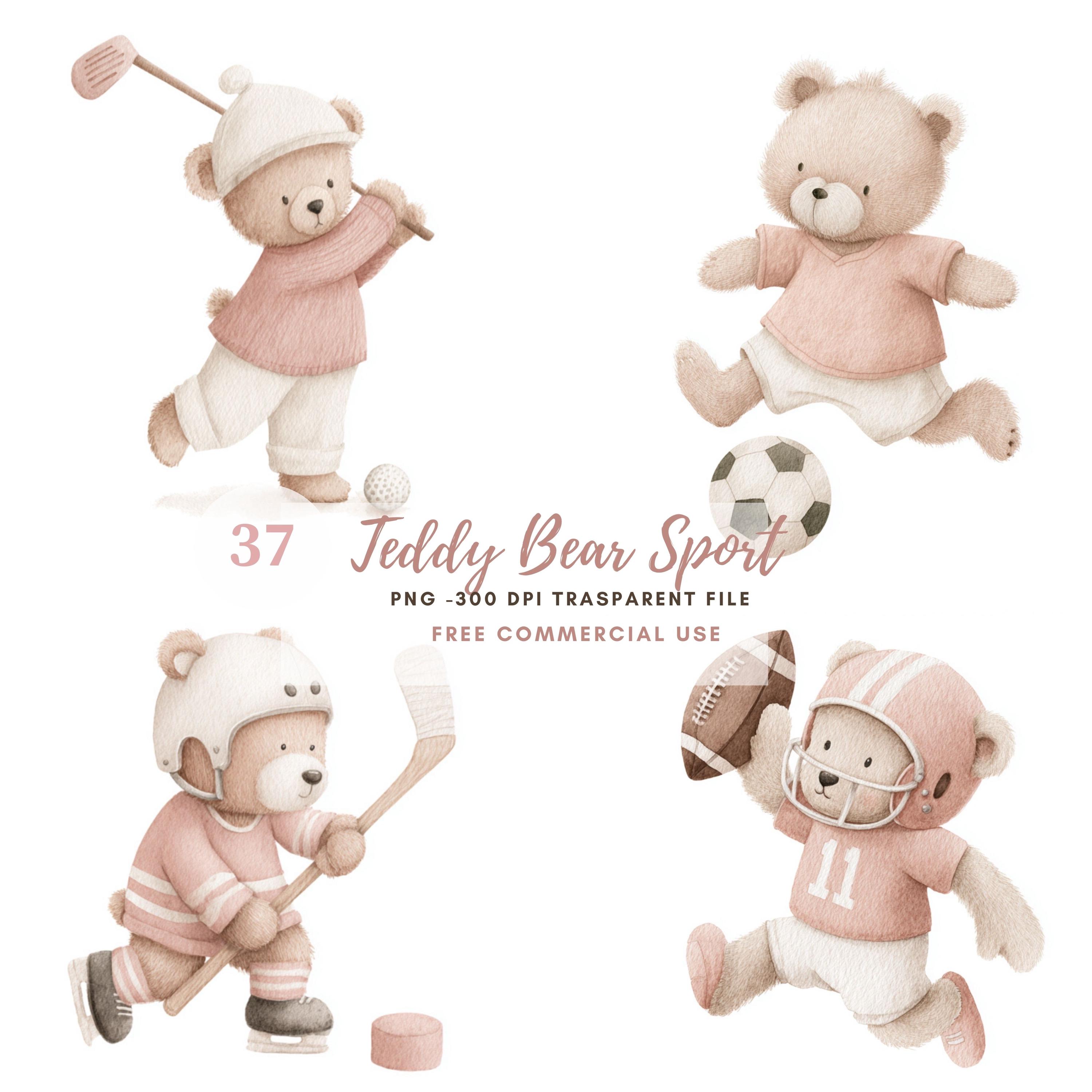 Teddy Bear Clipart Bundle 38 PNG, Pink Watercolor Nursery Sports Golf ...