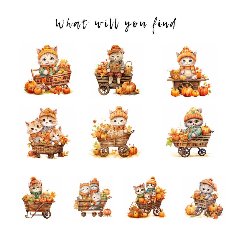 Funny Autumn Cat Clipart PNG Bundle 11 High Quality PNG, Watercolor ...