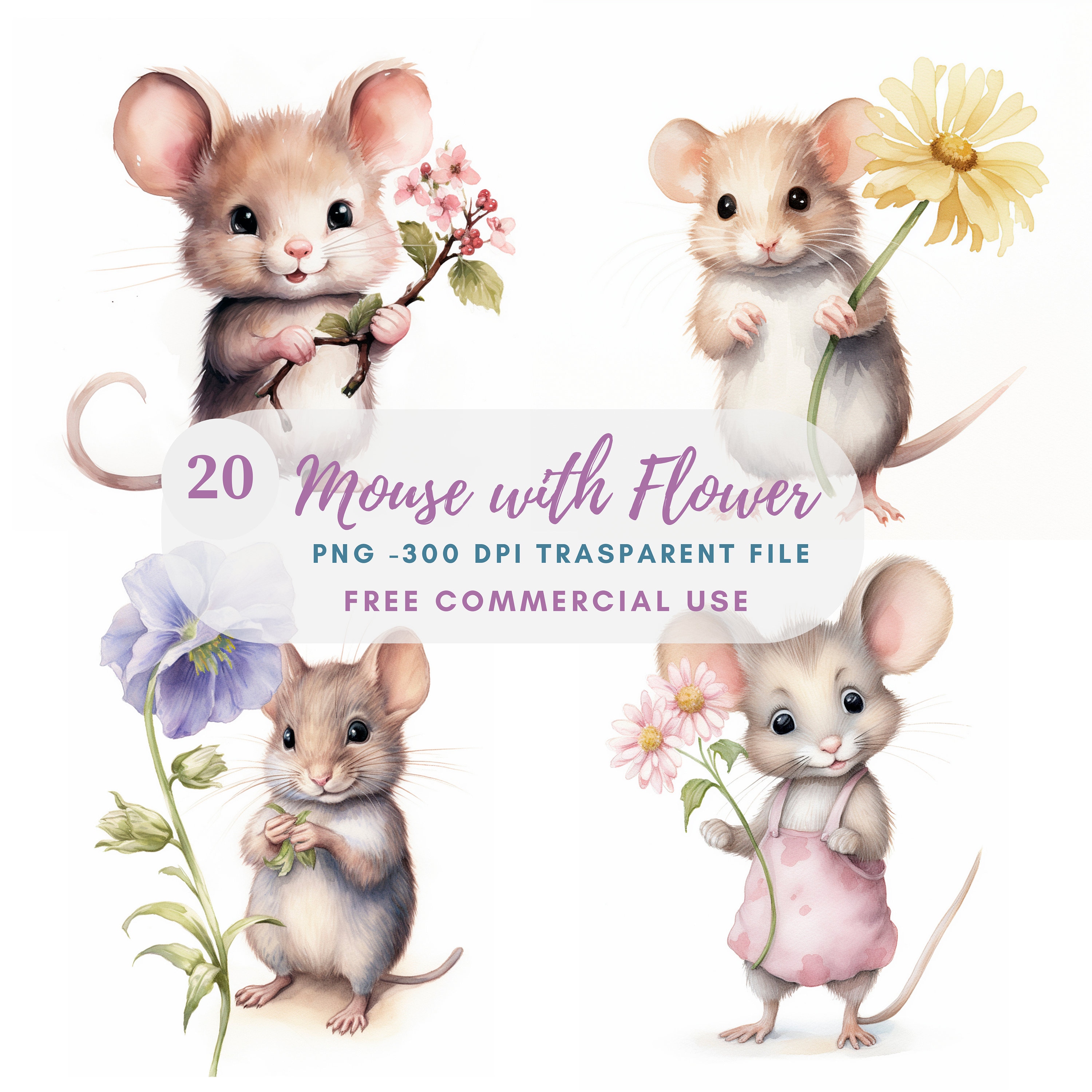 Mouse With Flower Clipart PNG Bundle 20 High Quality,watercolor Mouse ...