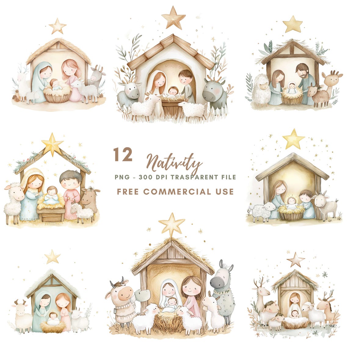 Nativity Clipart Bundle 12 High Quality Png,watercolor Nativity Sacred ...