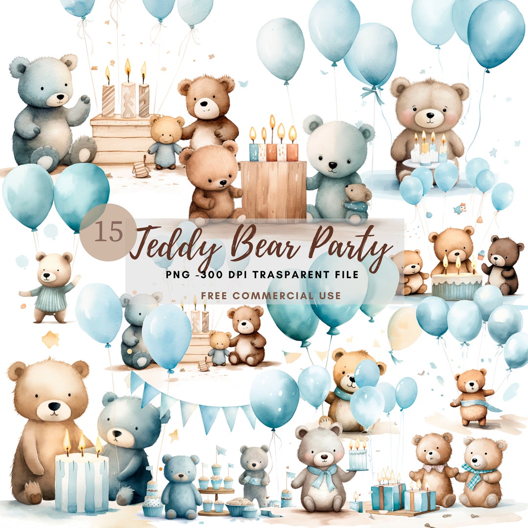 Teddy Bear Party Watercolor Clipart Png,bundle 15 High Quality Jpgs ...
