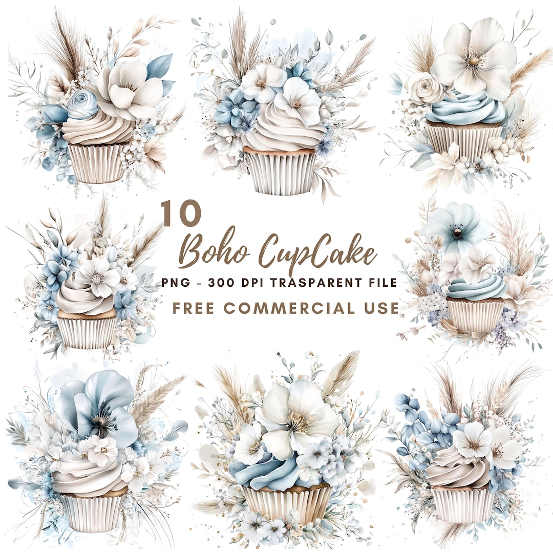 Watercolor Boho Cupcake Blue Clipart Png,bundle 10 High Quality,cupcake ...