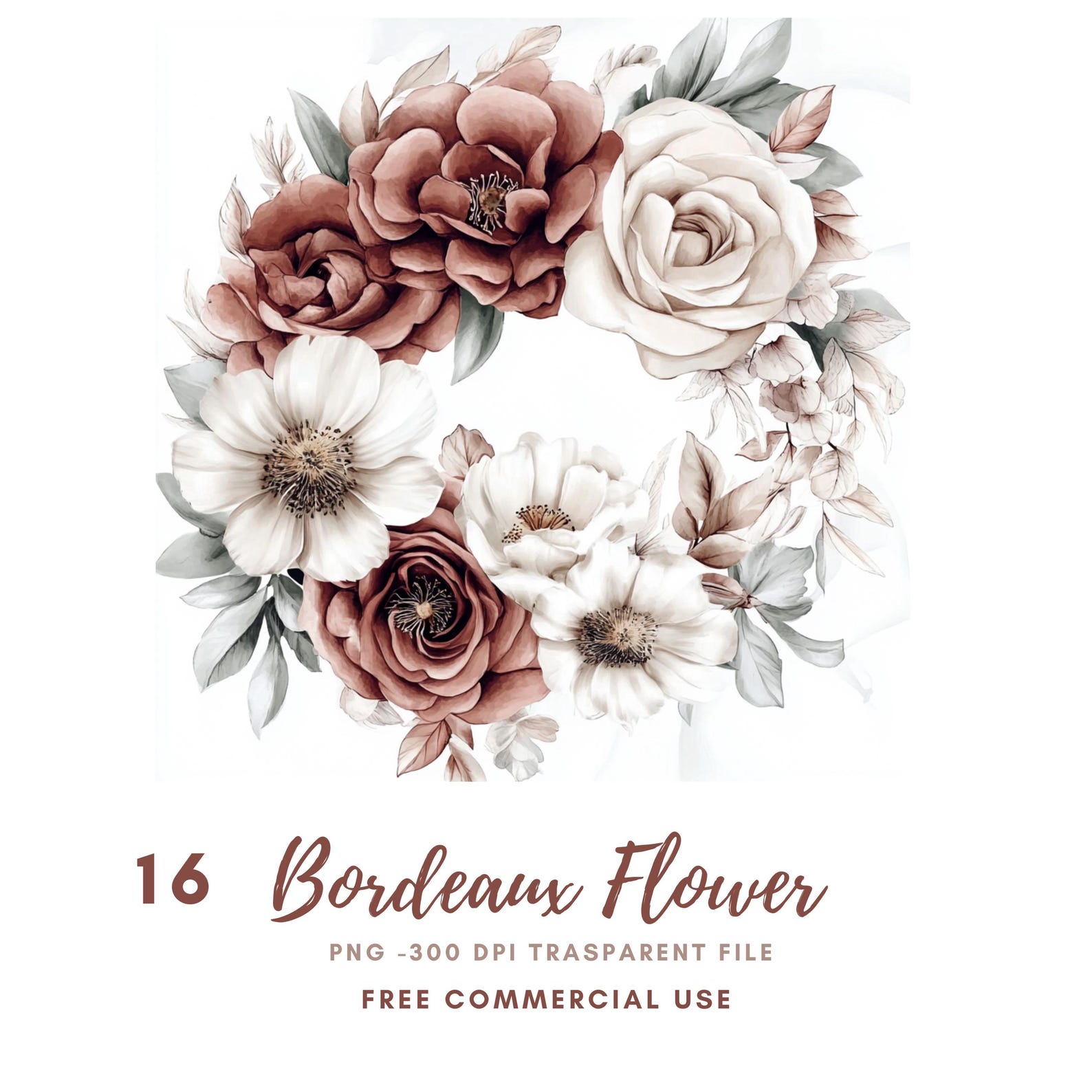 Bordeaux Bouquet Clipart Bundle 16 High Quality PNG| Watercolor Rose ...