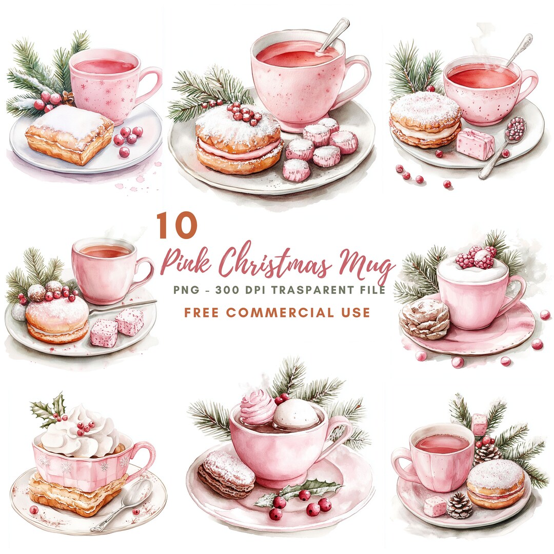 Watercolor Pink Mug Clipart Bundle 10 High Quality Png,christmas Winter ...