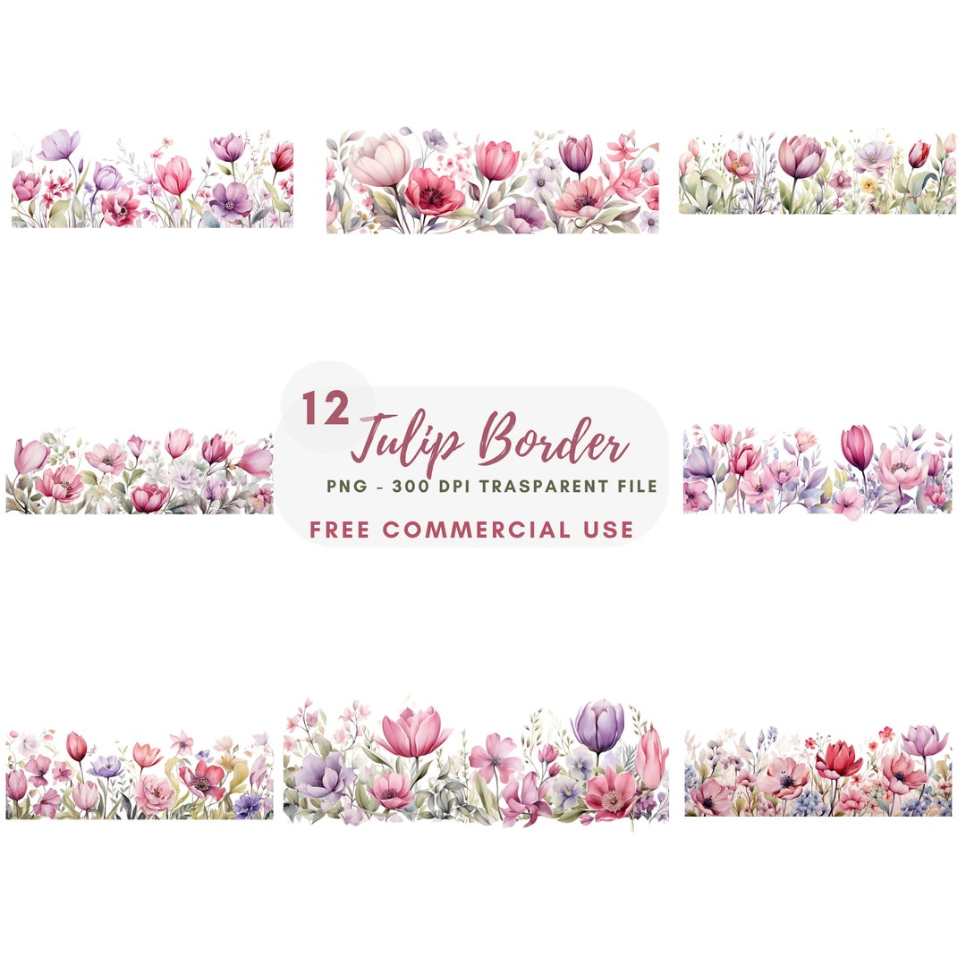 Tulips Flower Border Clipart Bundle 12 High Quality PNG, Watercolor ...
