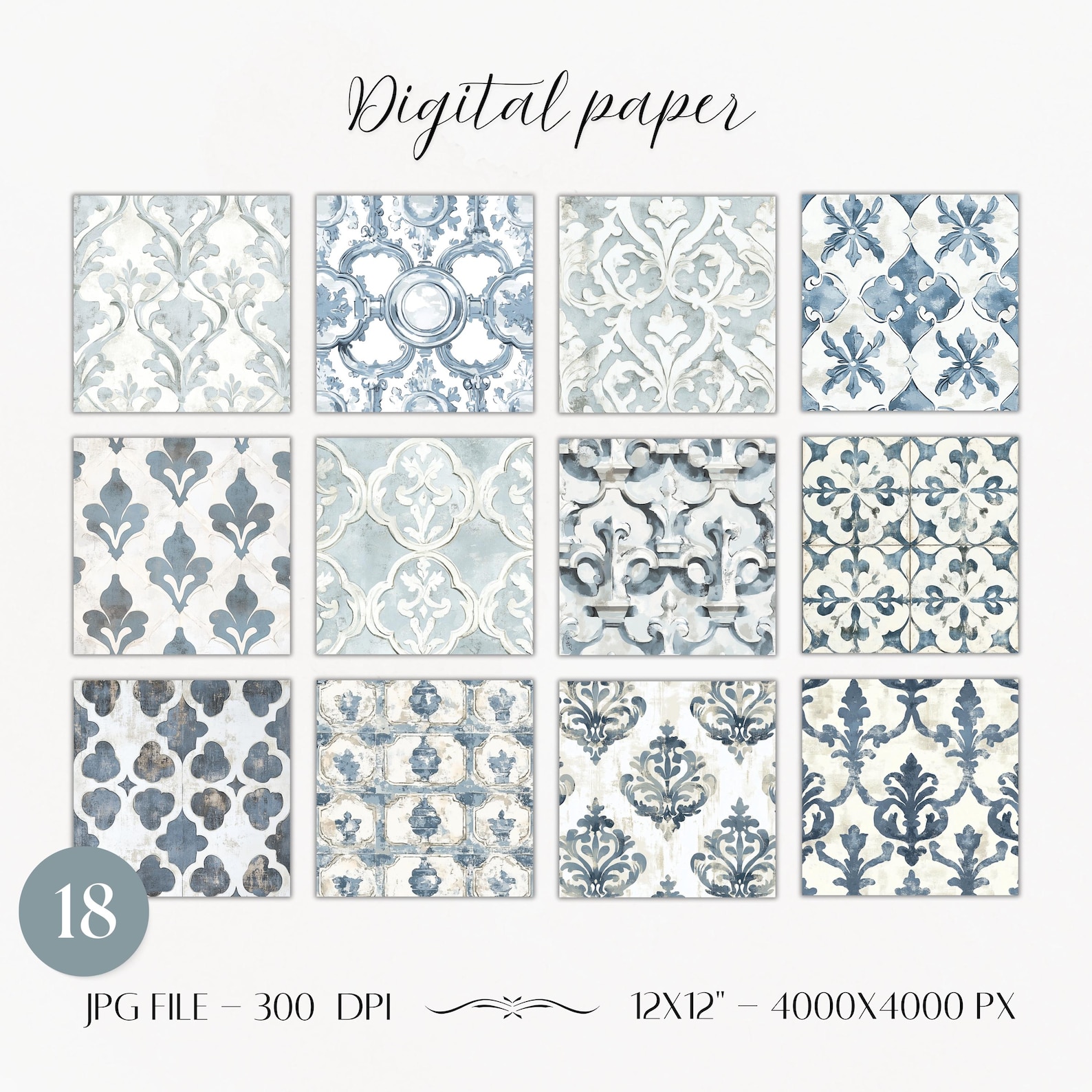 Italian Blue Pattern Digital Paper Pack- Scrapbook Junk Journal Papers ...