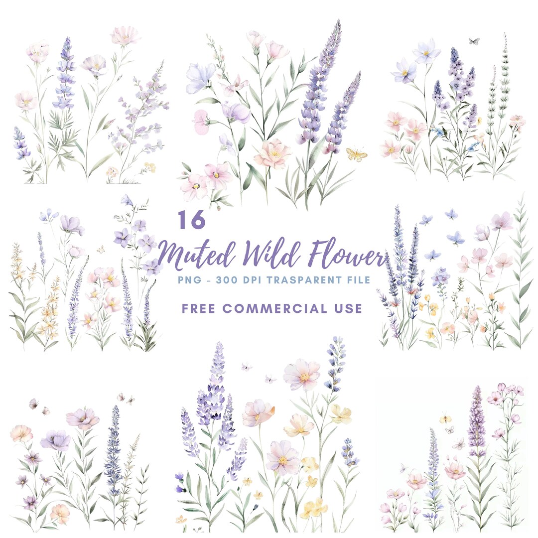 Muted Wild Flower Border Clipart Bundle 16 High Quality Png,watercolor ...