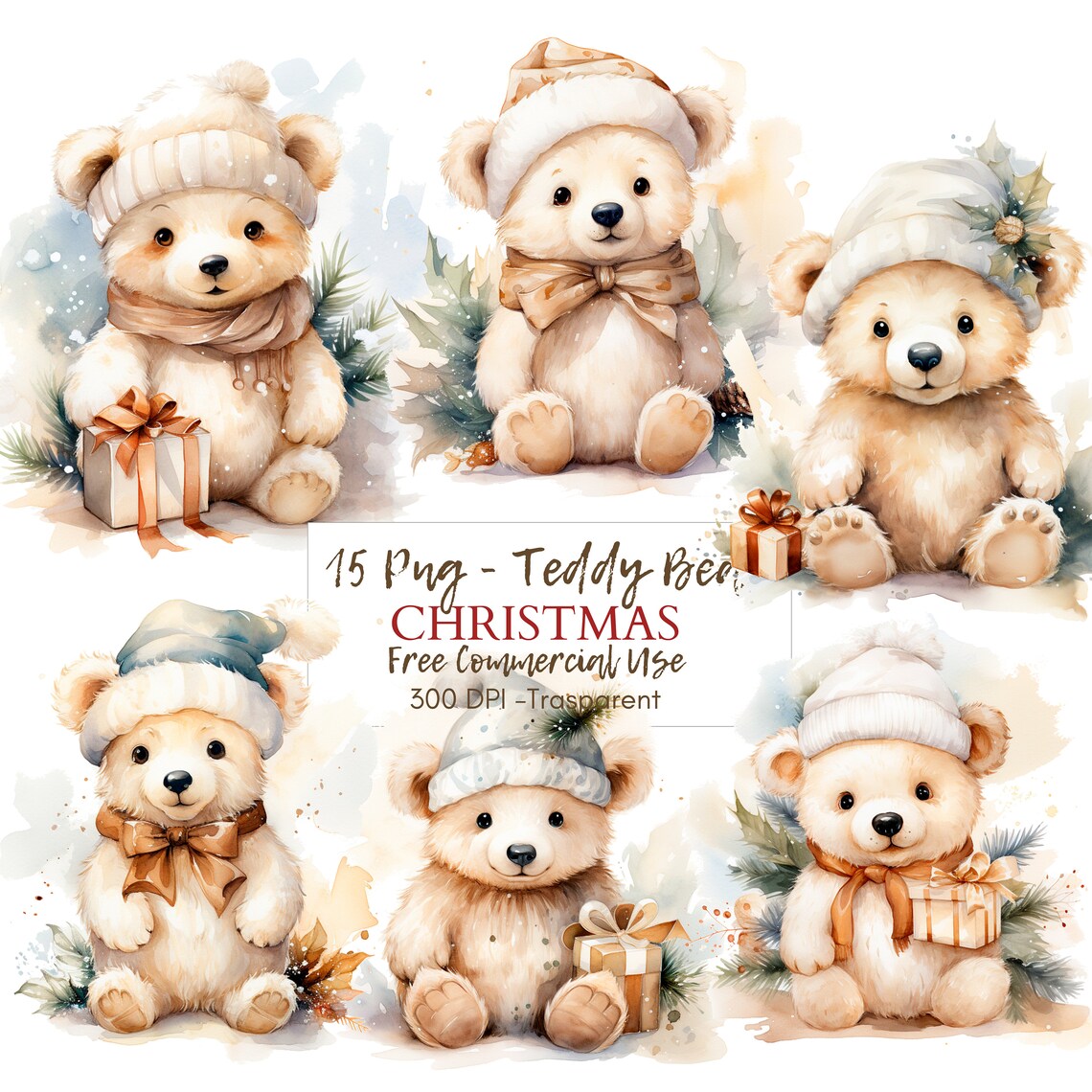 Christmas Teddy Bear, Watercolor Clipart PNG,15 High Quality Jpgs,digital Download,card Making ...